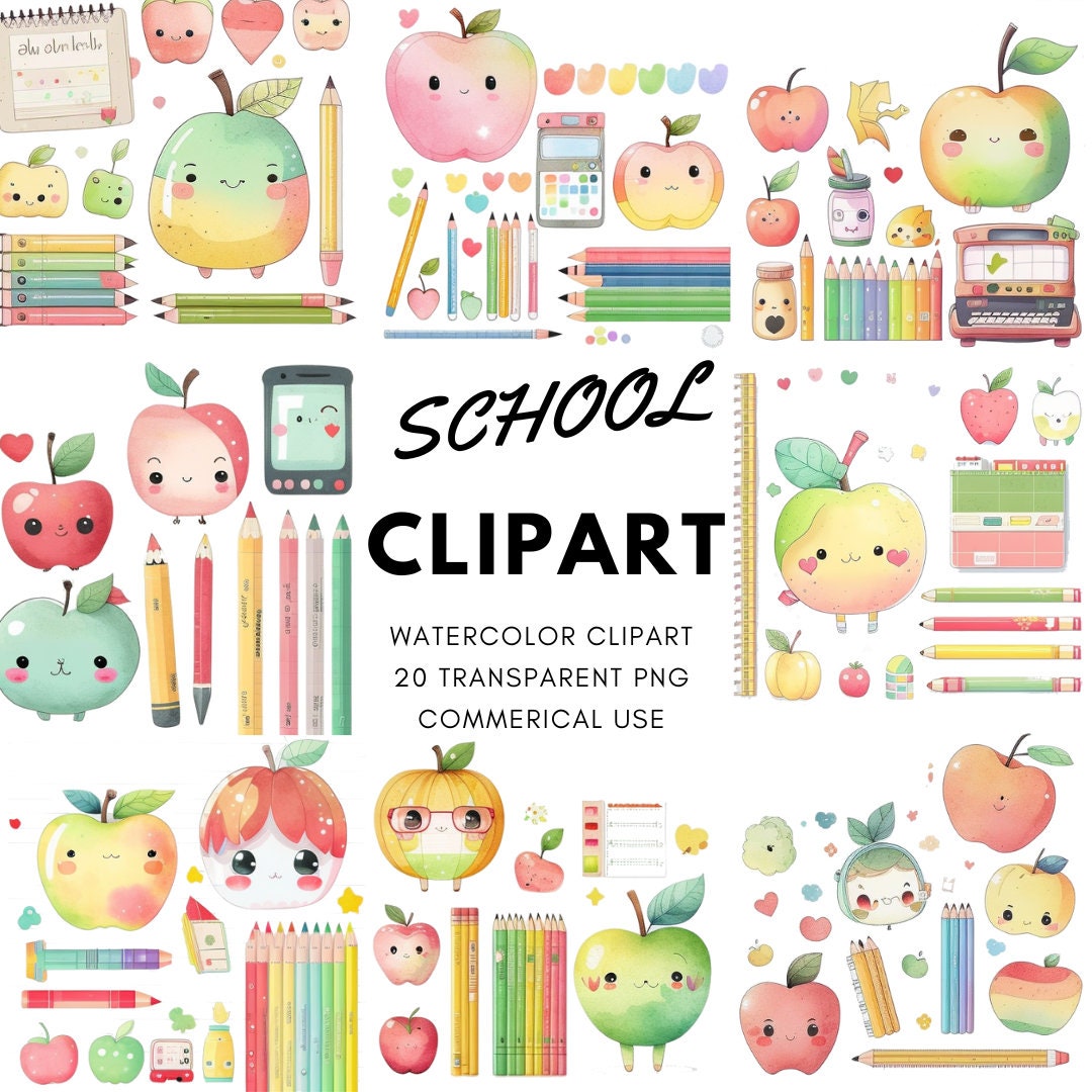 Kawaii School Clipart, Cute School Supplies Clipart Bundle, Back to ...