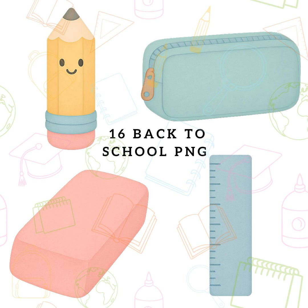 Watercolor Kawaii School Clipart: Pastel School Supplies PNG ...