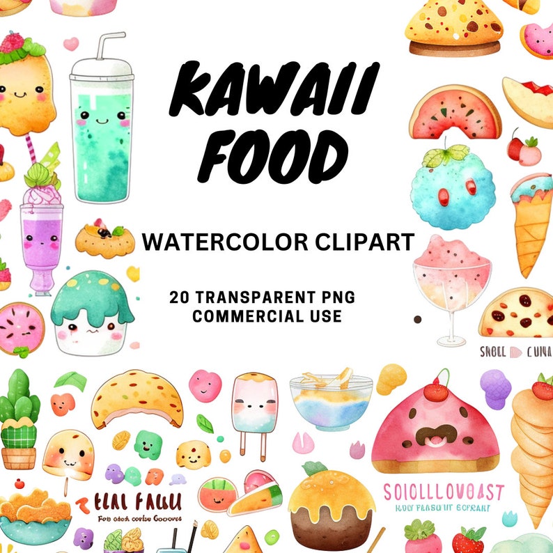 Watercolor Kawaii Food Clipart, Kawaii Food Clipart, Perfect Match ...