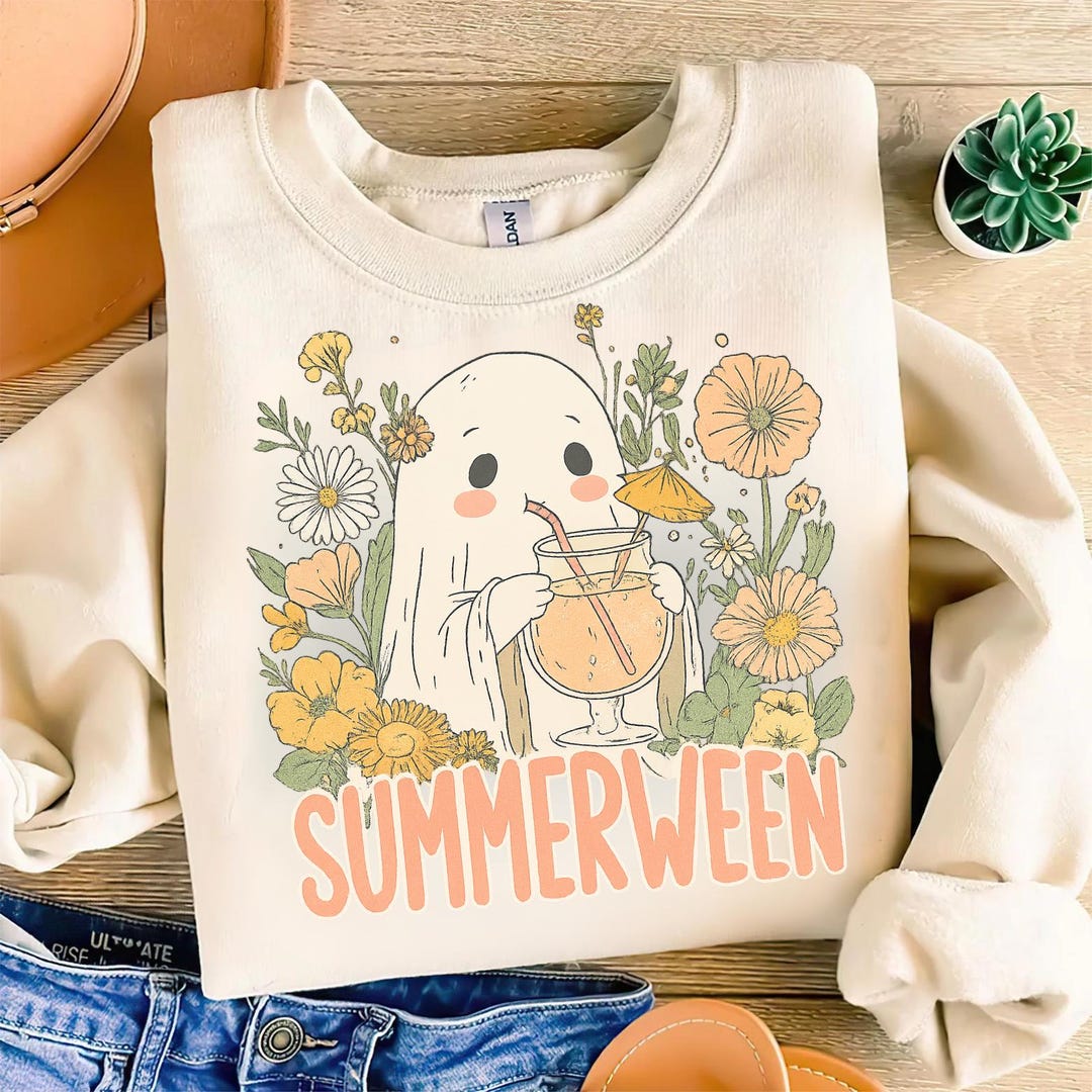 Summerween Ghost PNG – Cute Halloween Ghost Sipping Lemonade Under the ...