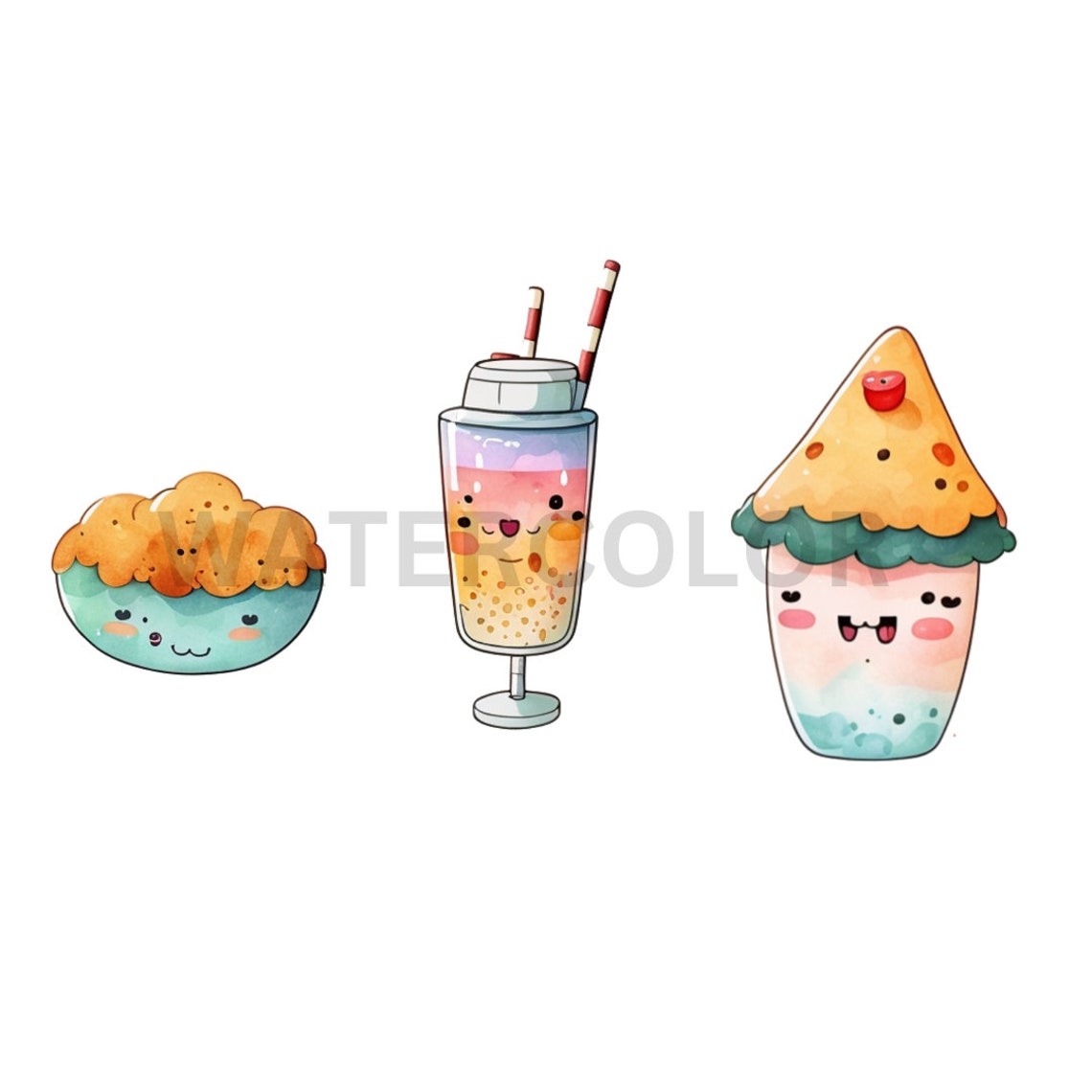 Watercolor Kawaii Food Clipart, Kawaii Food Clipart, Perfect Match ...