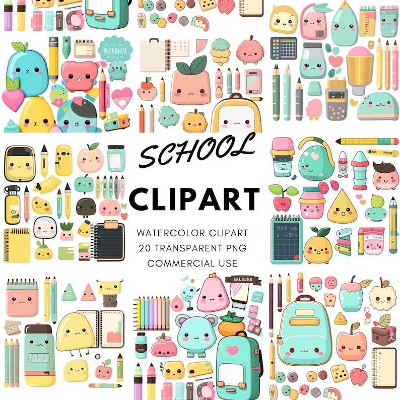 Kawaii School Clipart, Cute School Supplies Clipart Bundle, Back to ...