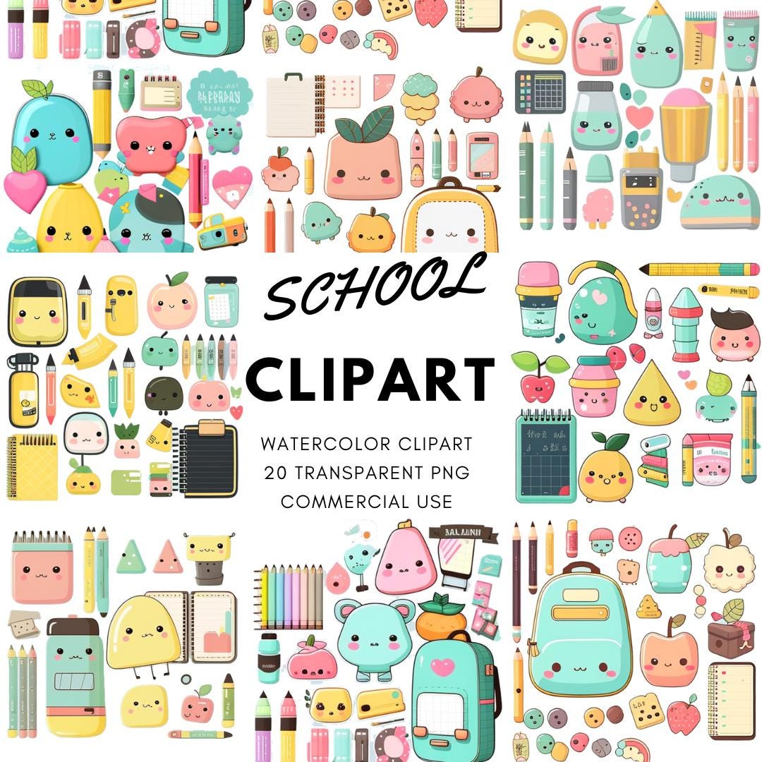 Kawaii School Clipart, Cute School Supplies Clipart Bundle, Back to ...
