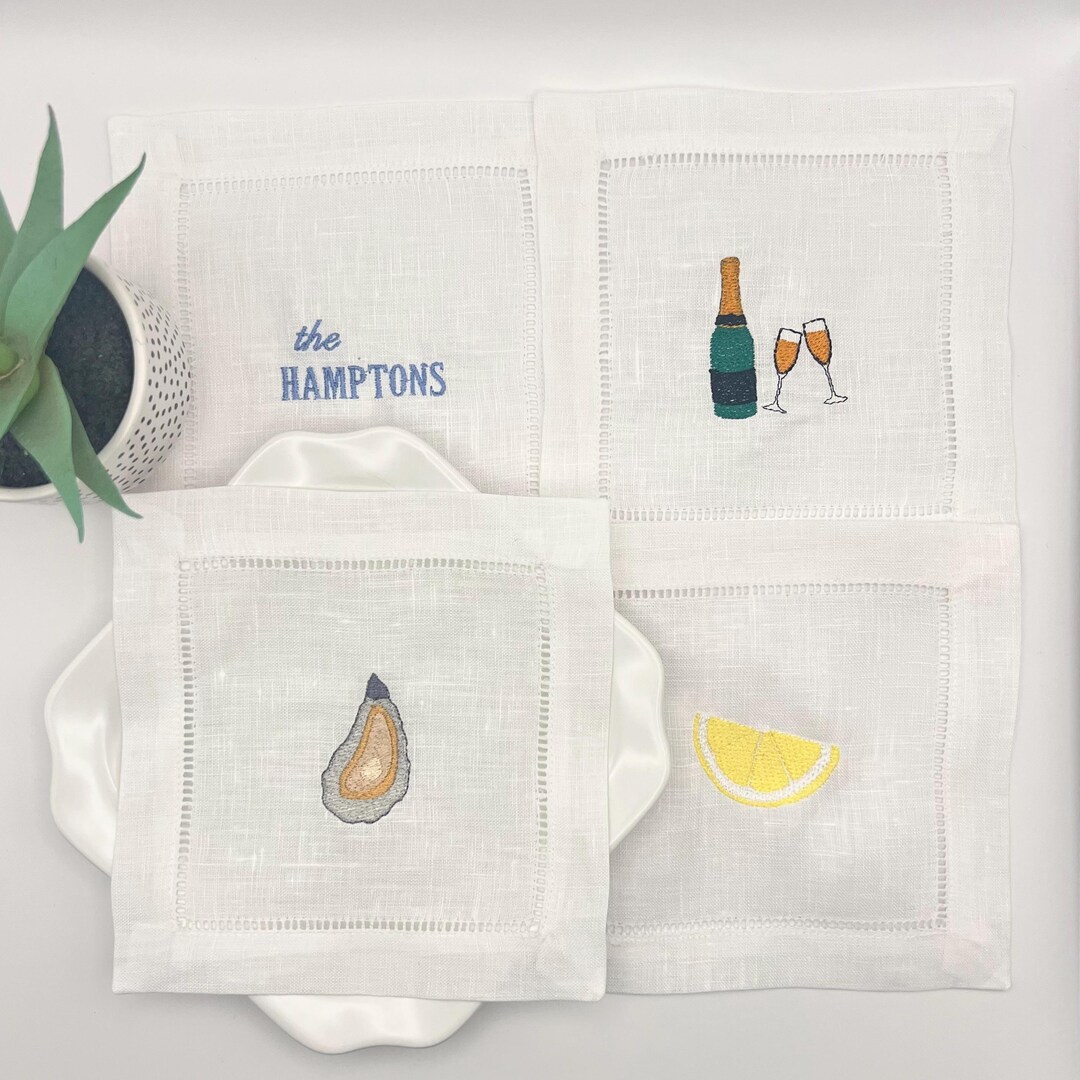 Embroidered Linen Cocktail Napkins - Hamptons New York Gifts, Set of 4 ...