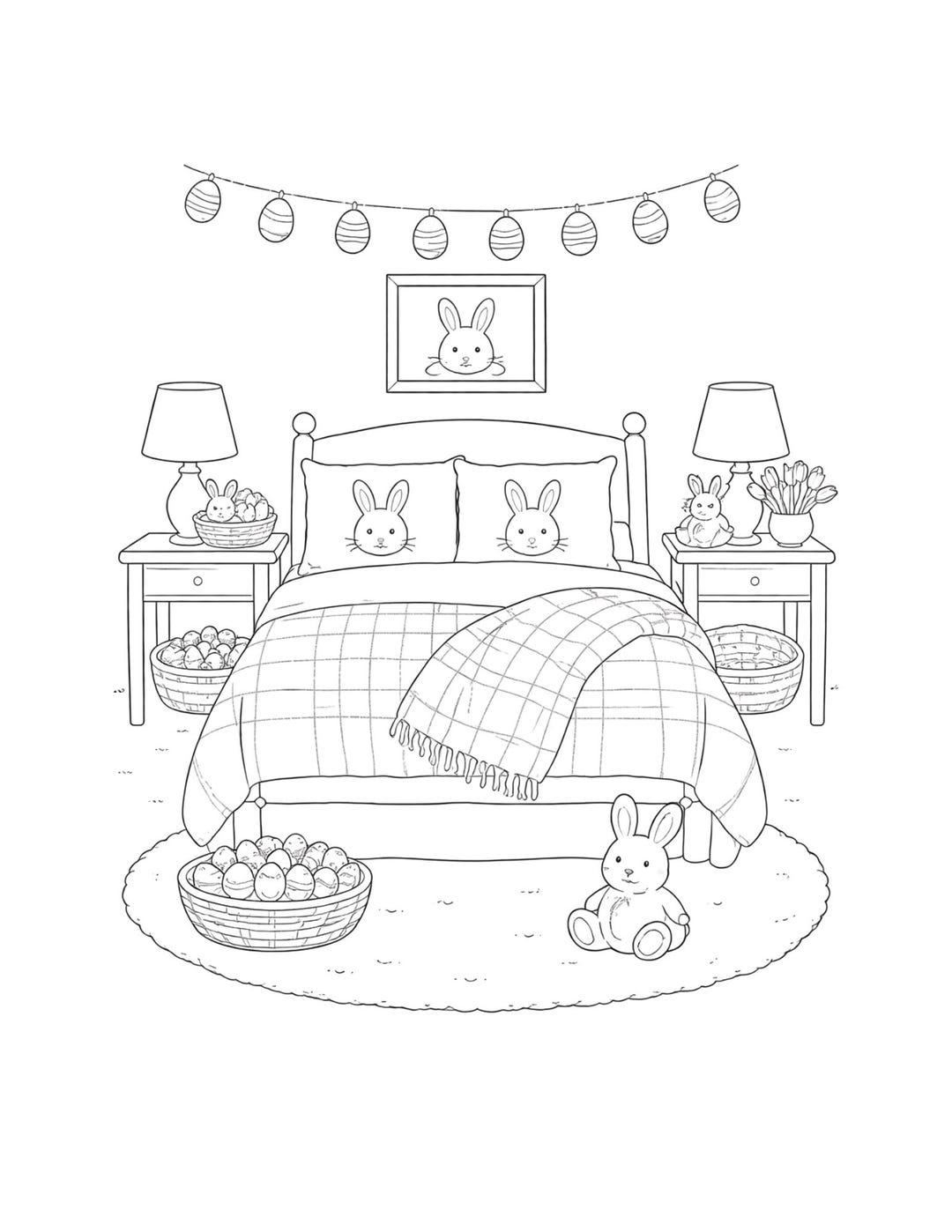 Cozy Easter Bedroom Coloring Page |bunny Bedroom Printable| Cute Easter ...