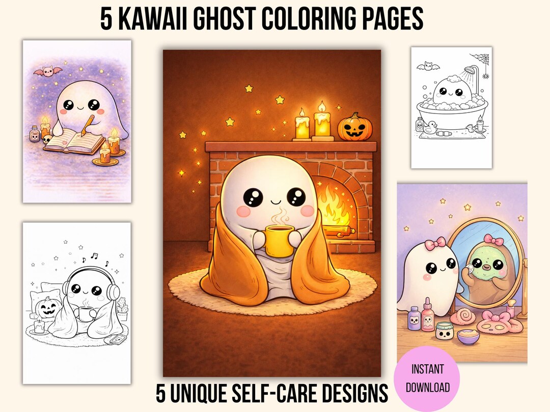 Cozy Ghost Coloring Pages Bundle, Kawaii Halloween Coloring Book, Cute ...