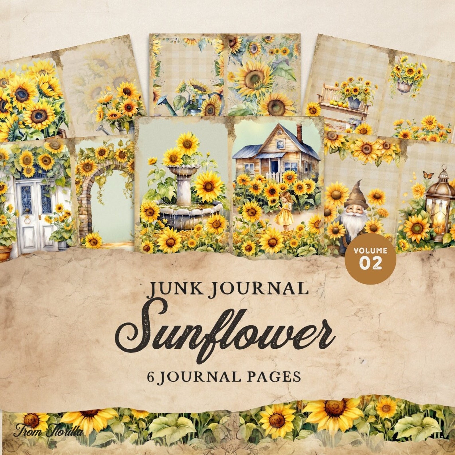 Sunflower, Junk Journal Digital Kit, 6 Digital Journal Pages ...