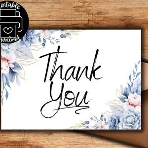 Blue Floral Themed Thank You Card| Printable Thank You Note| Wedding ...