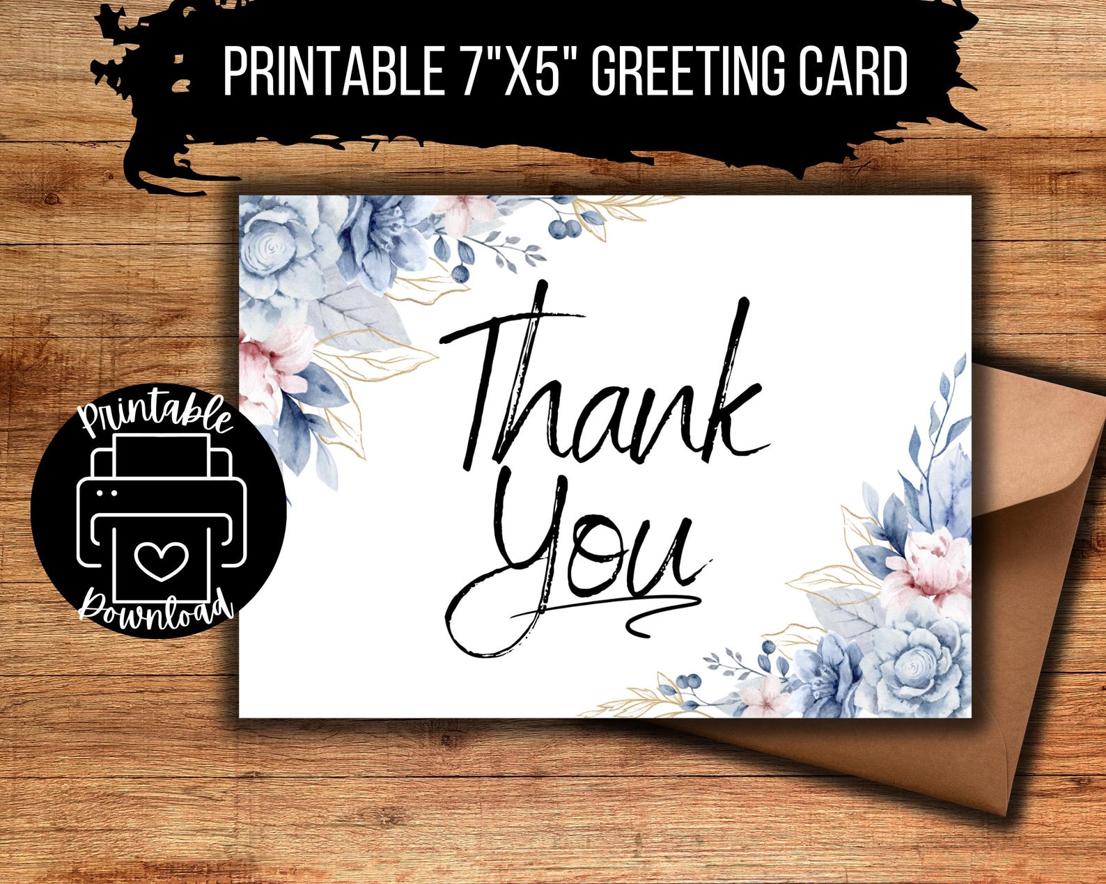 Blue Floral Themed Thank You Card| Printable Thank You Note| Wedding ...