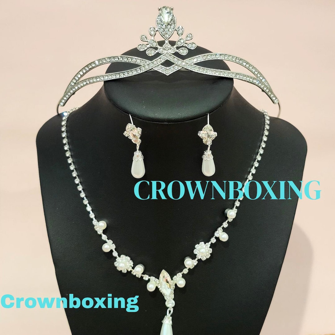 Princess Tiara Crown Wedding Pearl Jewelry Set Necklace Earrings Bridal ...