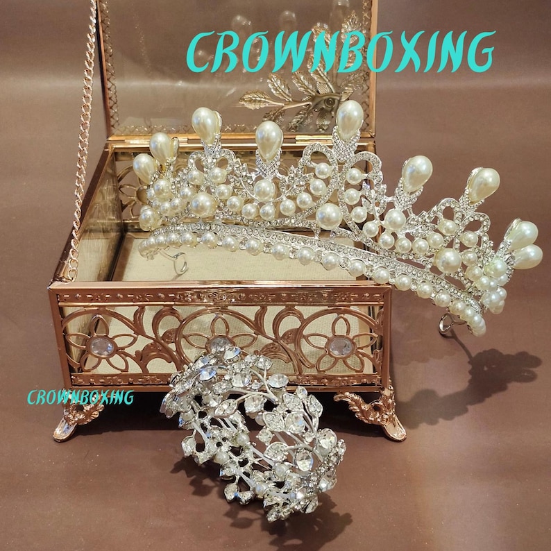 Pearl Tiara Crown and Bracelet Jewelry Set for Bride Wedding Crystal ...