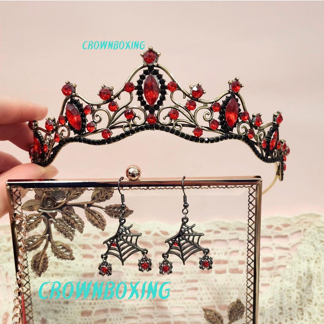 Red Queen Baroque Rhinestone Tiara and Spiderweb Earrings Set - Etsy