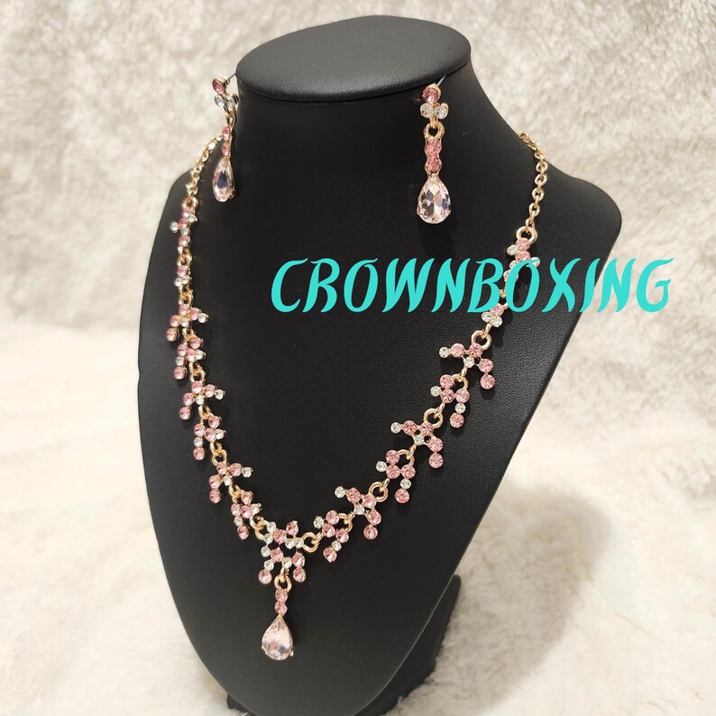 Pink Crystal Crown With Water Drop Bridal Jewelry Set, Rhinestone Tiara ...