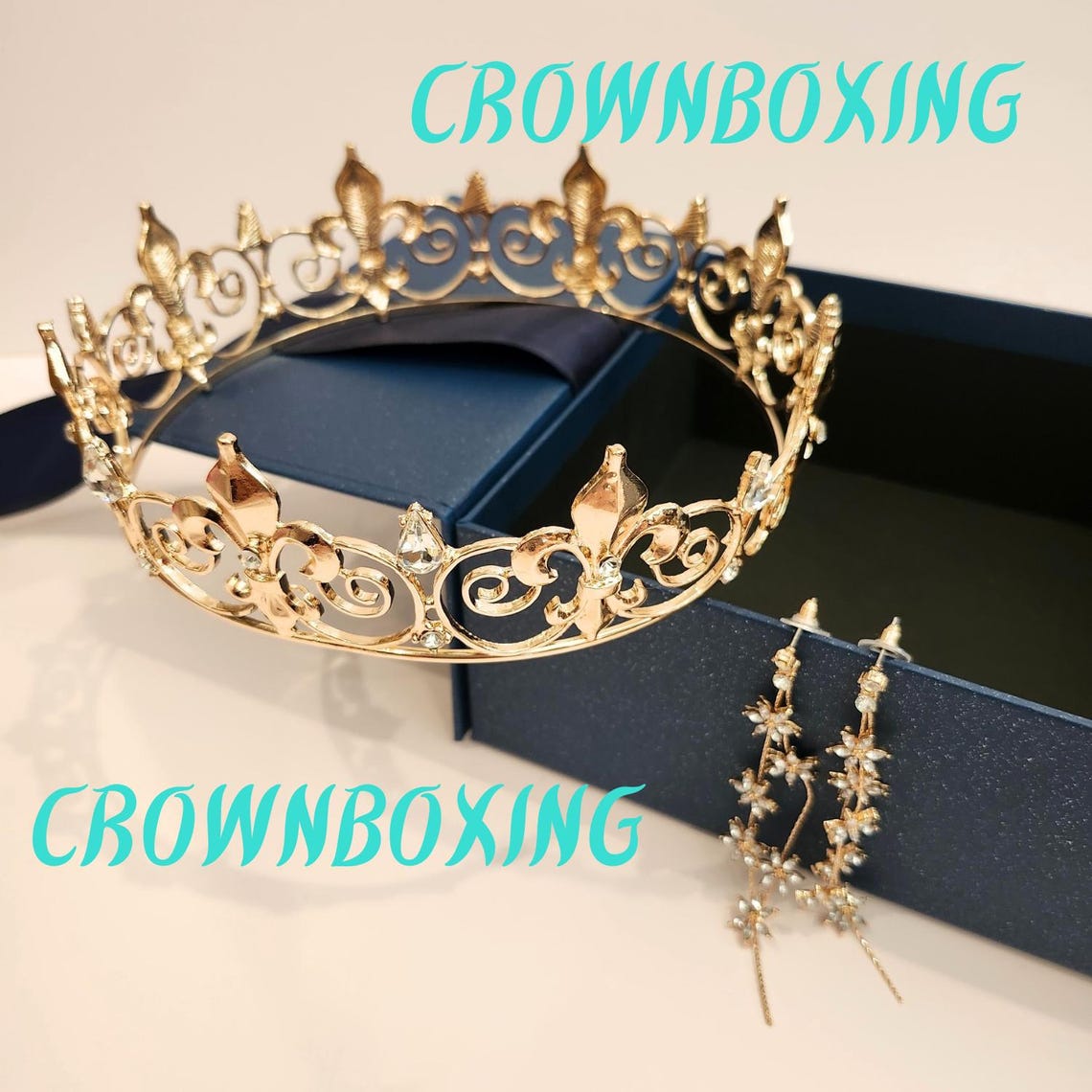 Gold Crystal Full Round Royal Crown With Star Bridal Earrings Set ...