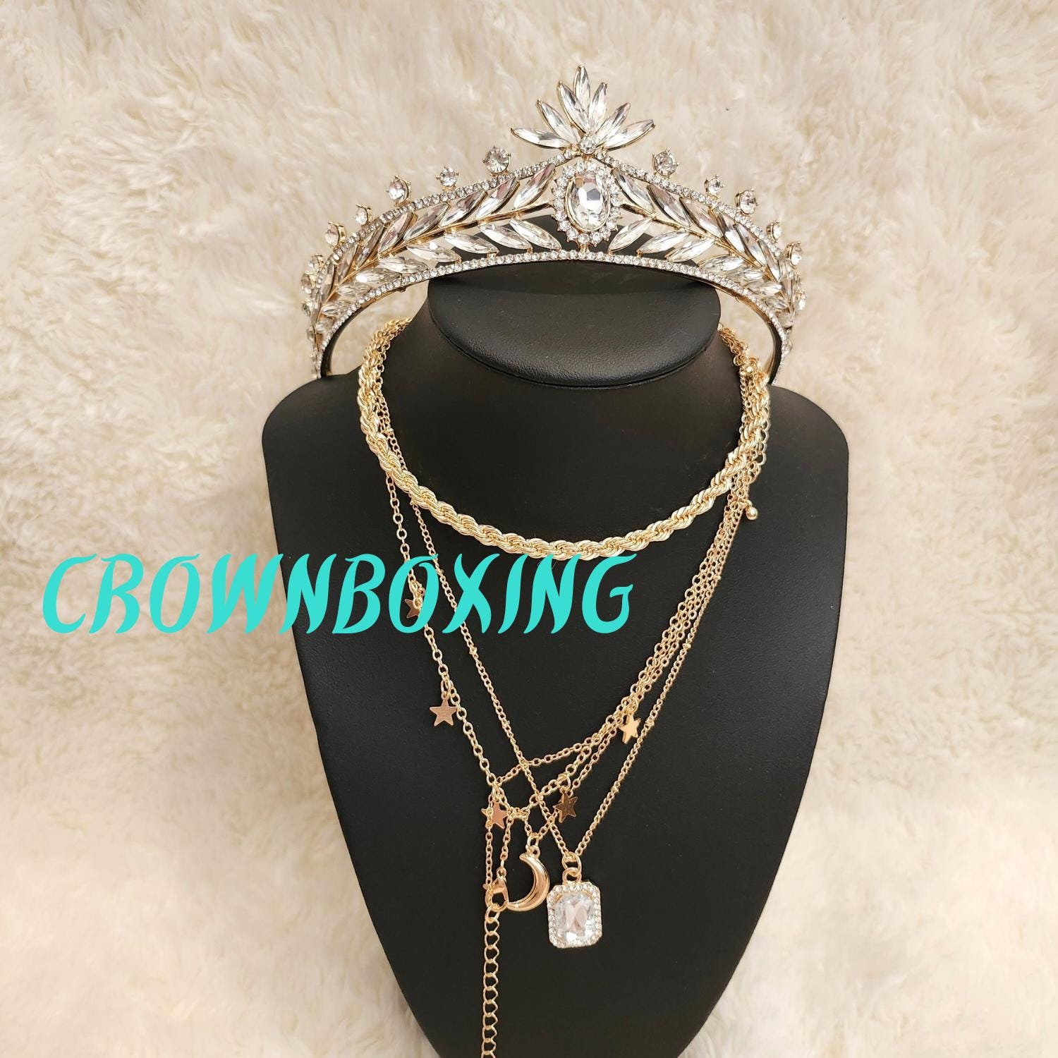 Gold Crystal Tiara Set Wedding Jewelry Set Necklace Earrings Bridal ...