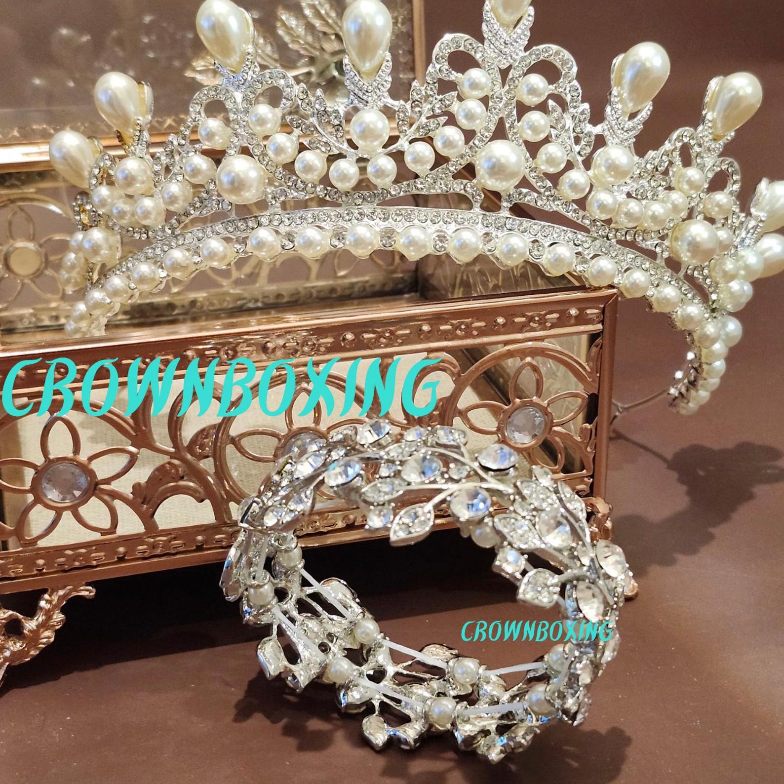 Pearl Tiara Crown and Bracelet Jewelry Set for Bride Wedding Crystal ...