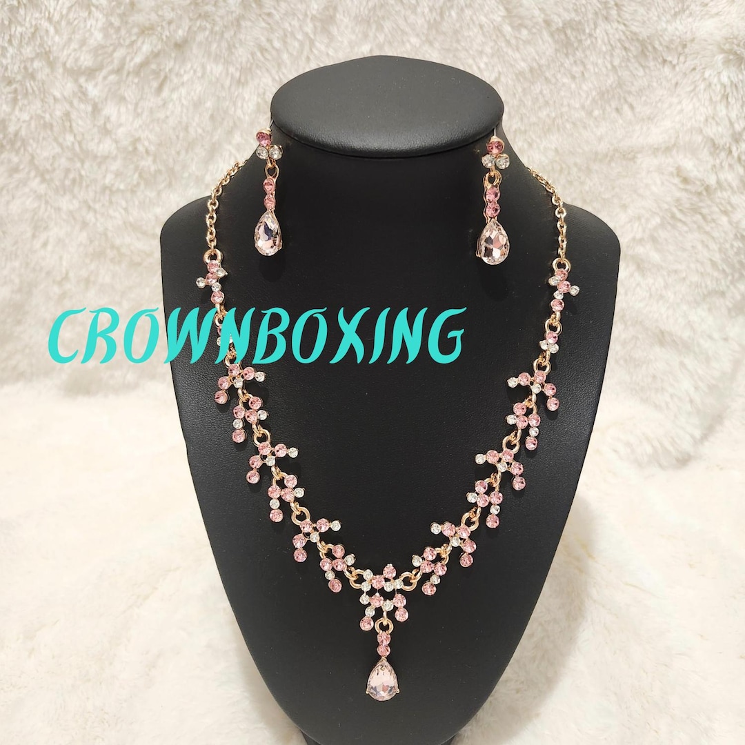 Pink Crystal Jewelry Set, Rhinestone Wedding Jewelry Set, Princess ...