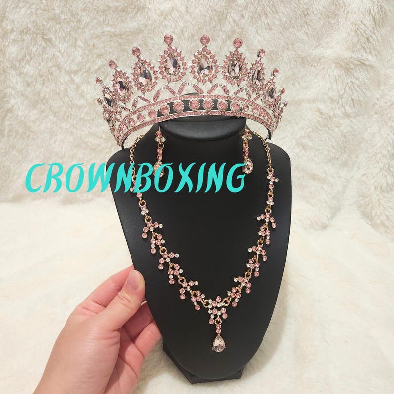 Pink Crystal Crown With Water Drop Bridal Jewelry Set, Rhinestone Tiara ...