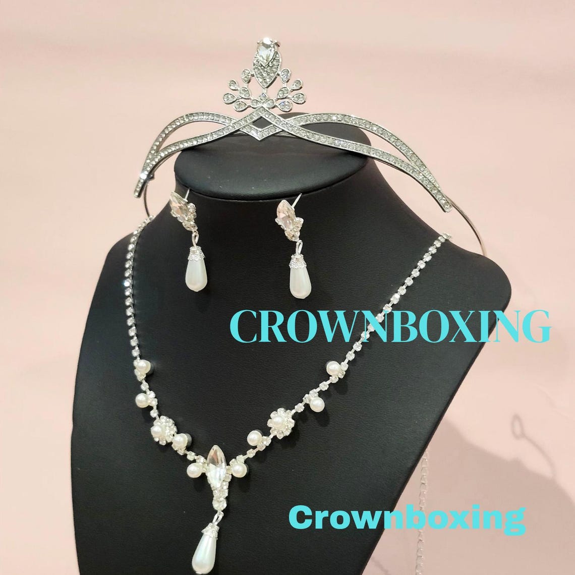 Princess Tiara Crown Wedding Pearl Jewelry Set Necklace Earrings Bridal ...