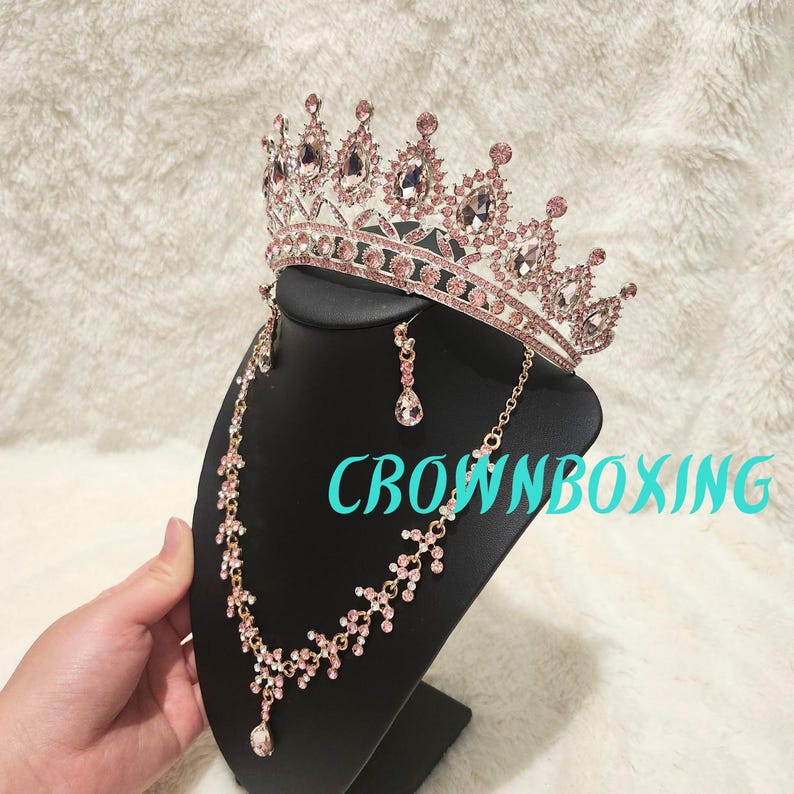 Pink Crystal Crown With Water Drop Bridal Jewelry Set, Rhinestone Tiara ...
