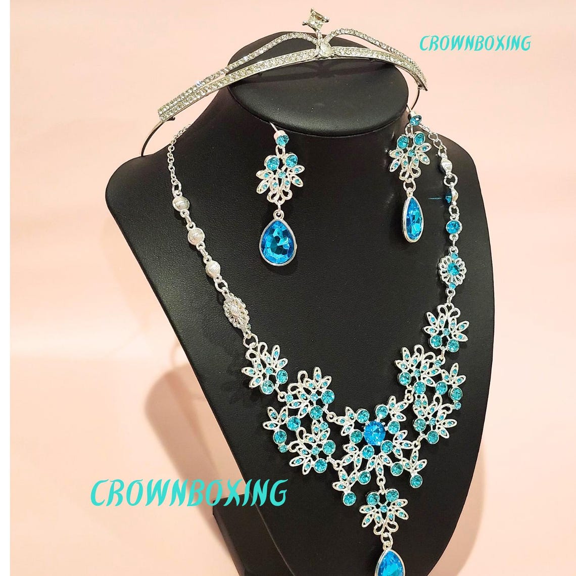 Princess Tiaras Jewelry Set Silver Crown Blue Crystal Jewelry Set ...