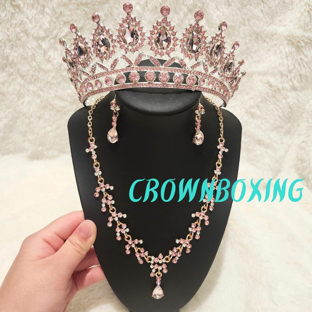 Pink Crystal Crown With Water Drop Bridal Jewelry Set, Rhinestone Tiara ...