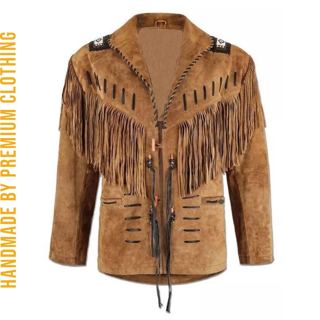 Handmade Mens Suede Cowboy Jacket, Fringe Beaded Western Leather Coat ...