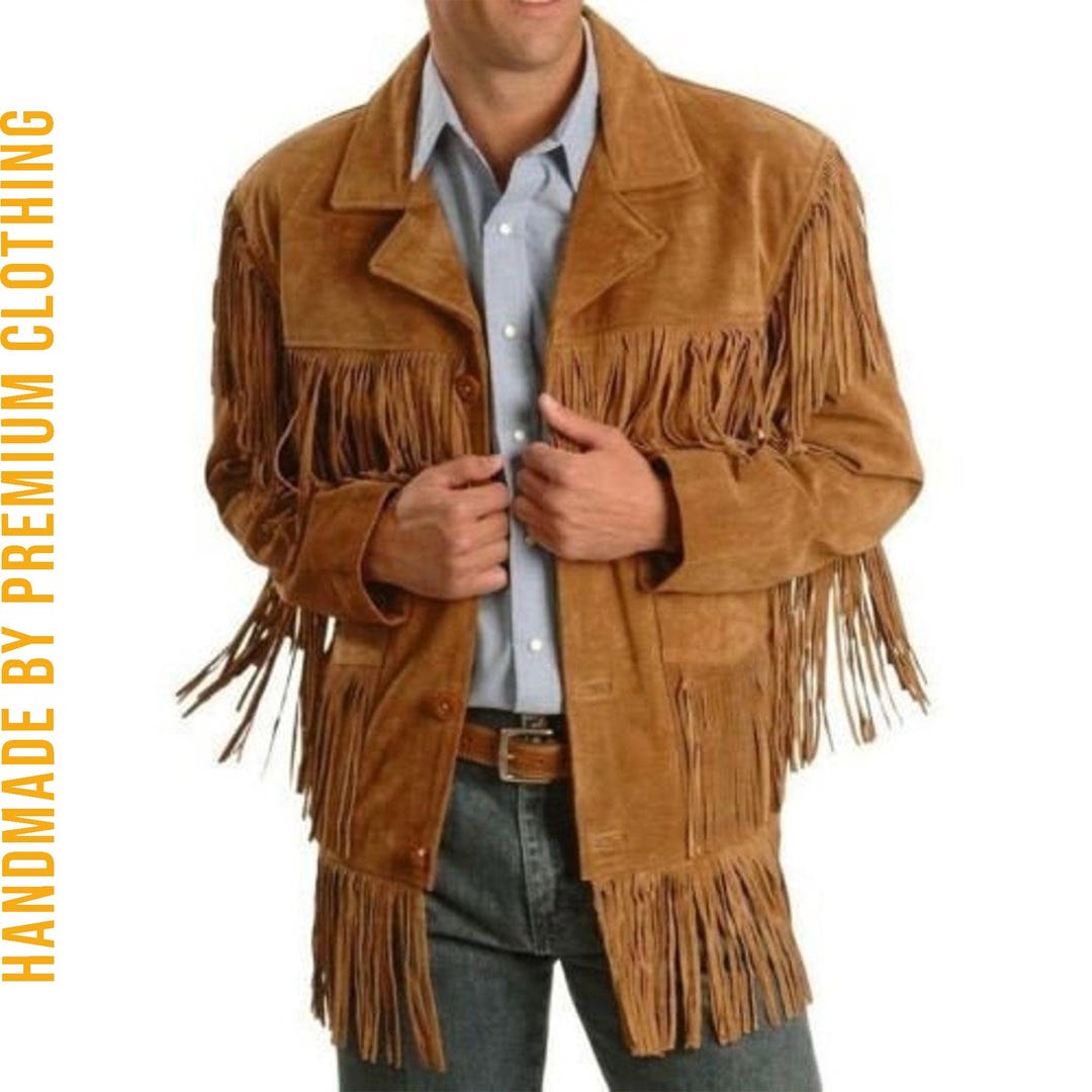 Mens Handmade Traditional Western Cowboy Buckskin Leather Jacket Coat ...