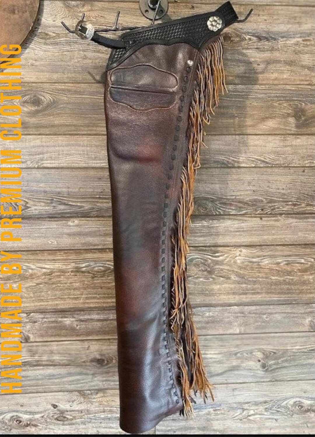 Handmade Westernpremium Custom Leather Fringe Chinks Chaps With Tooled ...