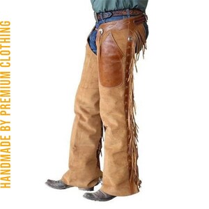 Handmade Native American Cowboy Style Buckskin Suede Leather Pant Rodeo Chap Mountain Men ...