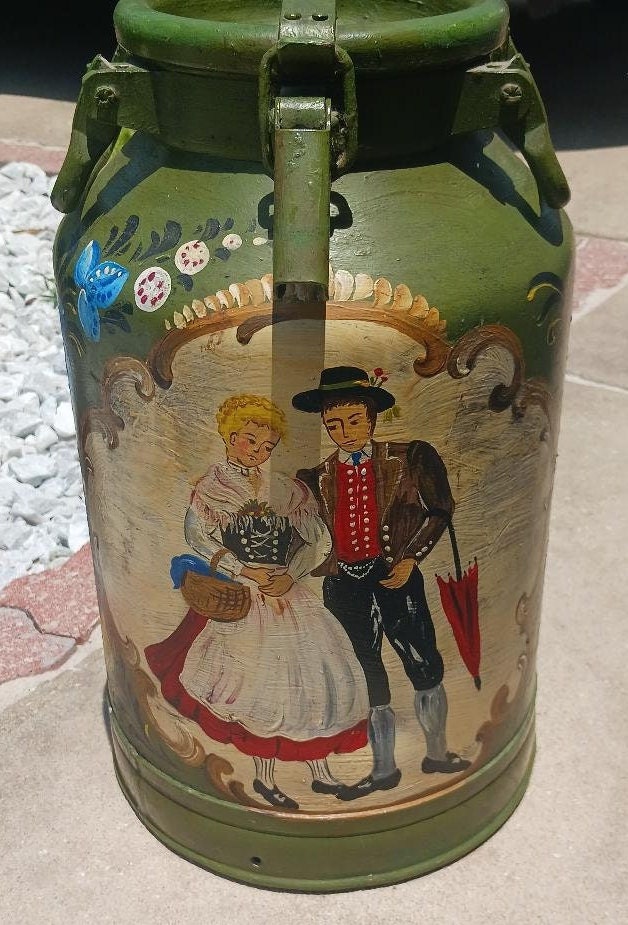 Large Vintage Milk Can Bavarian german Hand Painted the Couple-vintage ...