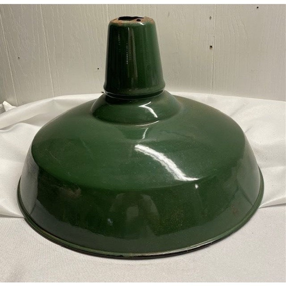 Vintage Green Metal Lamp Shade Light Gas Station Barn Round Enameled ...