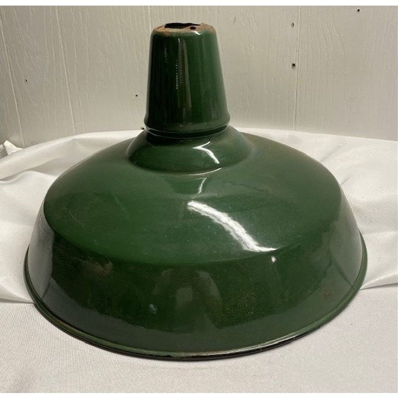 Vintage Green Metal Lamp Shade Light Gas Station Barn Round Enameled ...