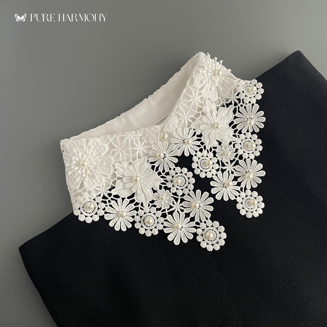 Elegant White Lace Collar Dickey With Pearls | Detachable Shirt Collar ...