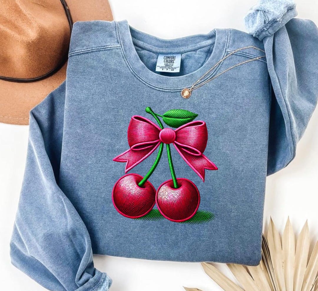 Faux Embroidery Cherry Bow PNG, Cute Cherries With Ribbon Sublimation ...