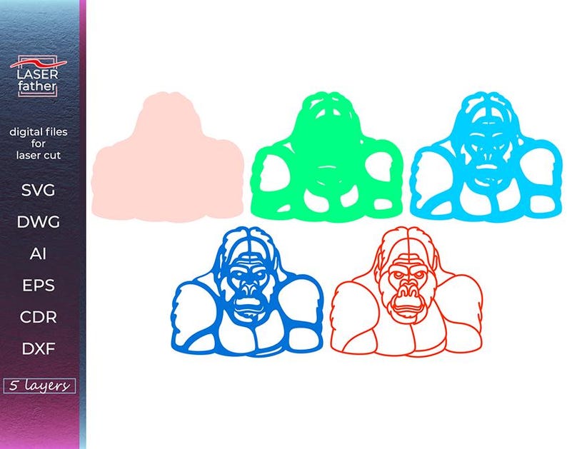 Gorilla SVG, Wild Animal SVG, 5 Layers Laser Cut, Cricut Template, 3D ...