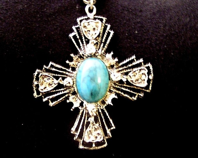 Huge 60s or 70s Hippie Cross Pendant Necklace. Faux Turquoise Central ...