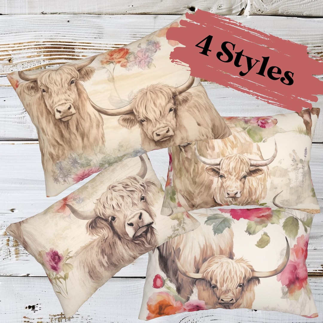 Floral Highland Cow Lumbar Pillow - Decorative Throw Cushion, Farmhouse ...