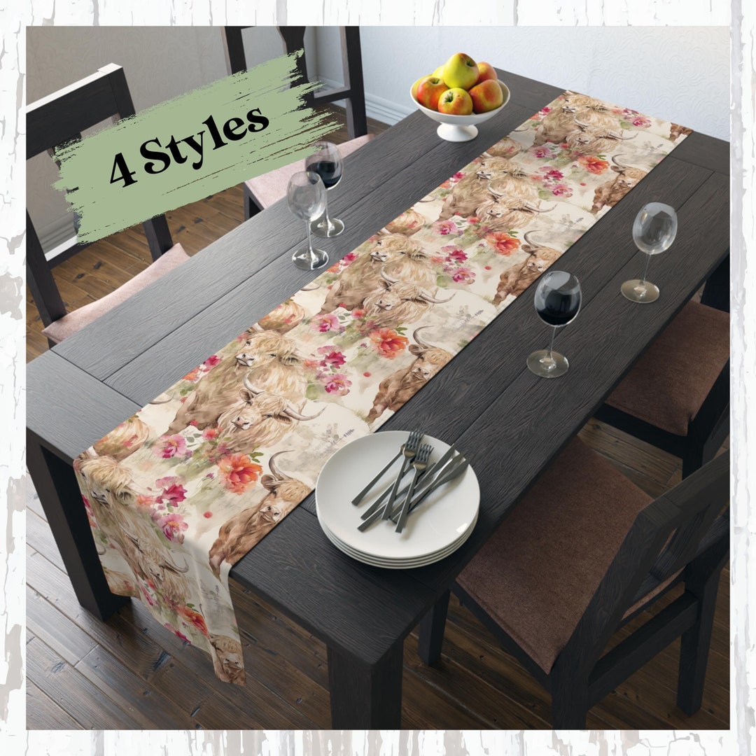 Floral Highland Cow Table Runner, Highland Cow Floral Design, Home ...