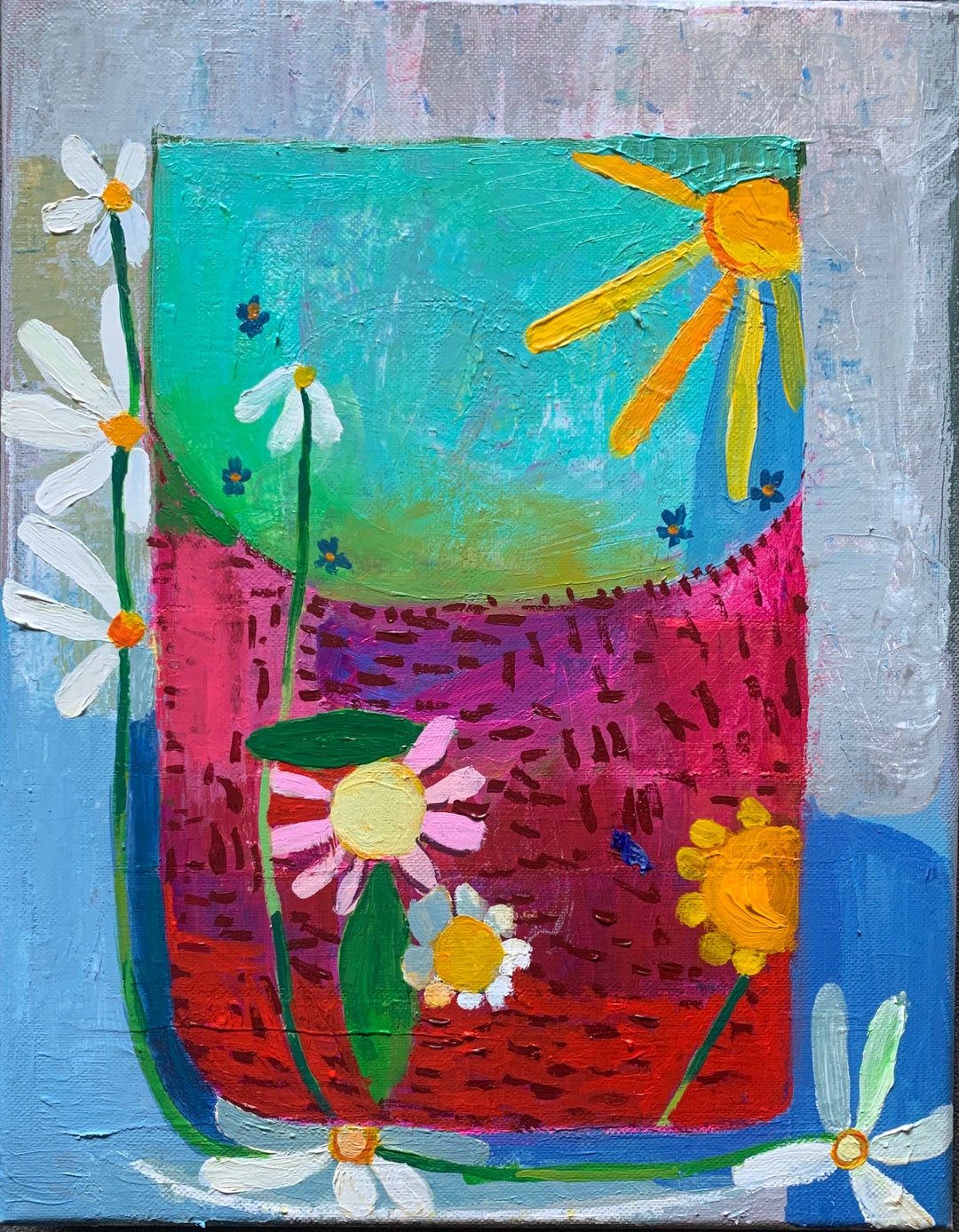 Daisy Chain Terrarium, Original Acrylic Painting on Canvas, Whimsical ...