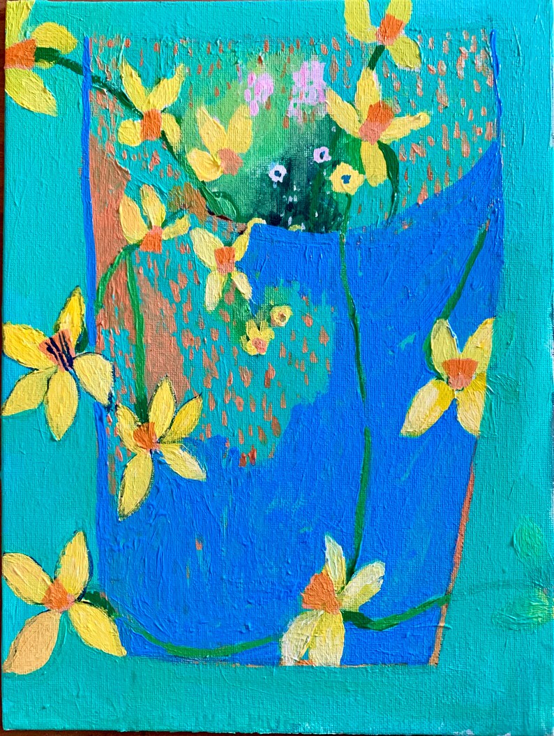 Daffodils in Blue Bucket Original Acrylic Painting on Canvas - Etsy
