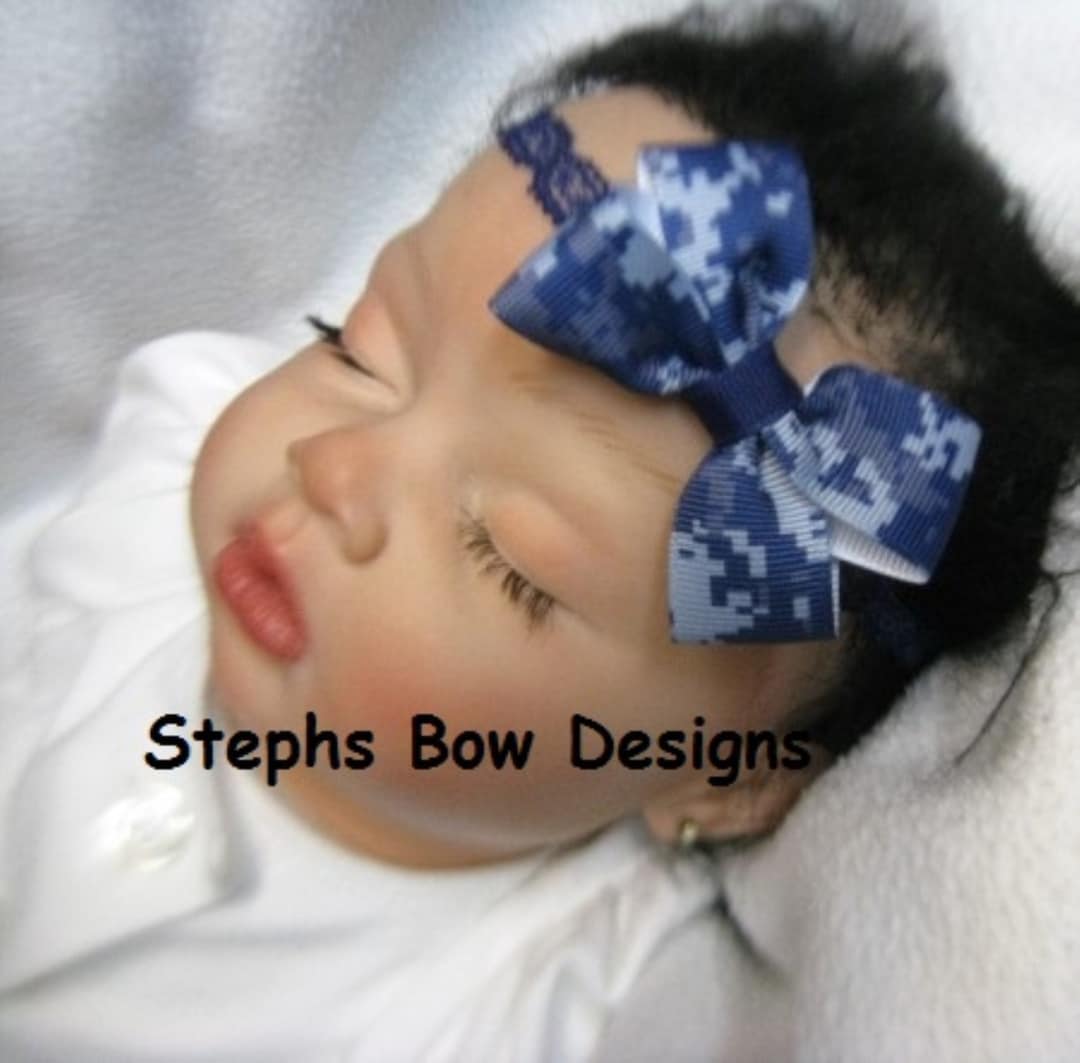 Navy Blue Digital Camo Camouflage Dainty Hair Bow Lace Headband Newborn ...