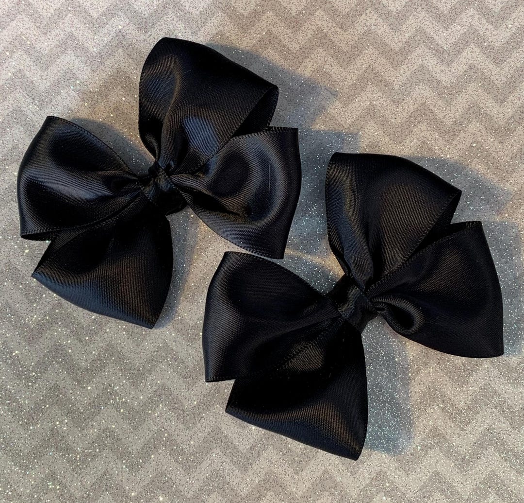Black Satin Hair Bow 3” Wide, Black Satin Pigtail Hairbow, Black Satin ...