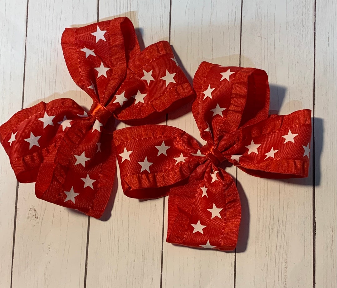 Red White Stars 4” Ruffle Hair Bow, Ruffle Stars Hairbow, Red W/ White ...