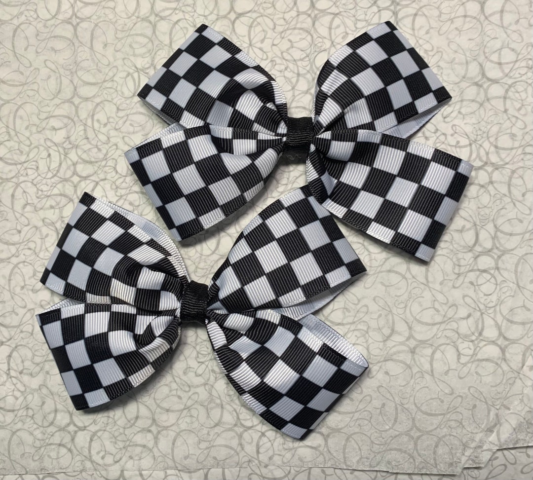 Black & White Checkered Hair Bow Set 4.5" Wide, Adult Size Racing ...