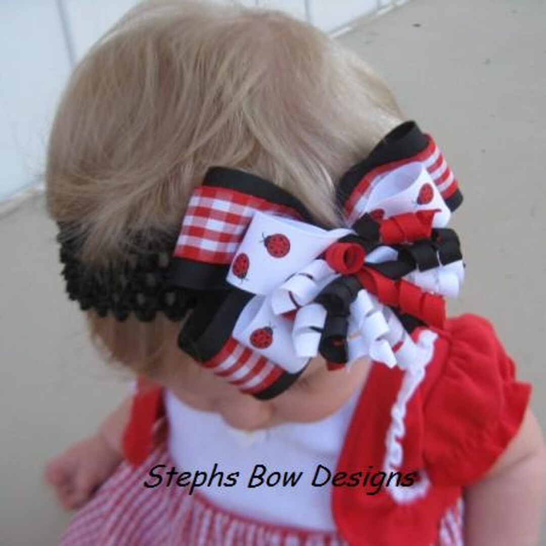 Ladybug and Gingham Layered Korker Hair Bow Headband, Ladybugs Hairbow ...