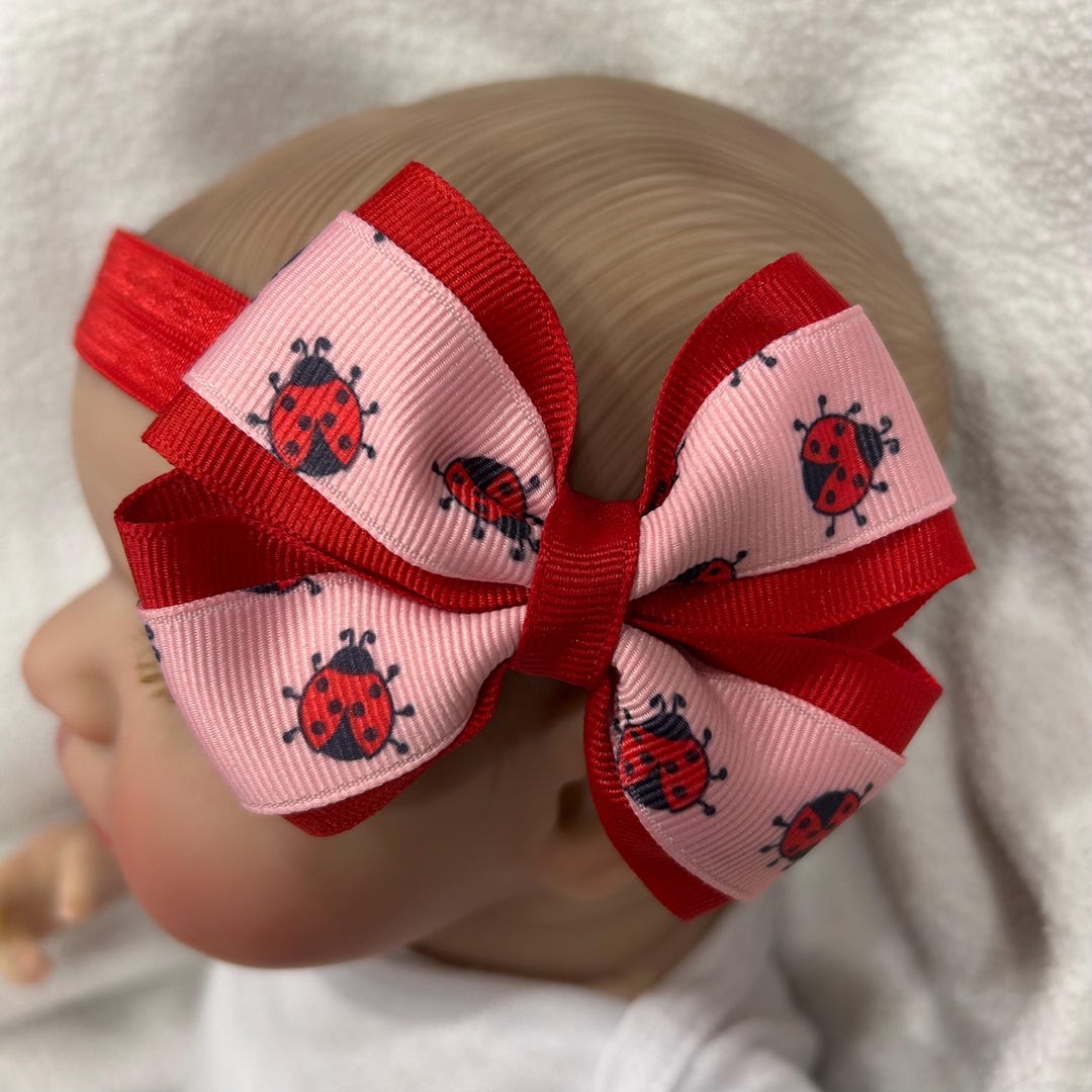 Pink & Red Ladybugs 3” Hair Bow Headband, Preemie to Toddler Lady Bug ...