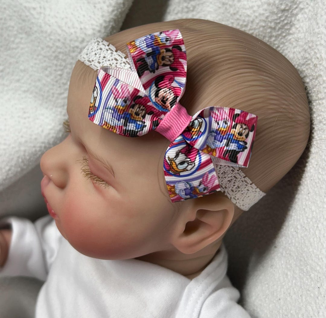 MINNIE Mouse Daisy Duck 2 Dainty Hair Bow Lace Headband, Preemie to ...
