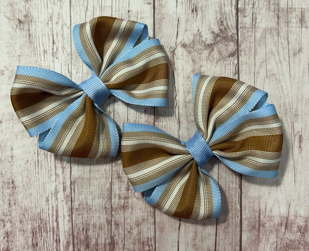 Blue & Tan 3” Hair Bow, Blue and Tan Stripe Hair Bow, Blue Tan White ...