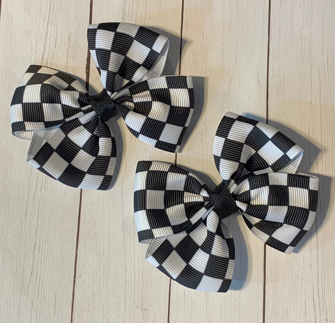 Black & White 3” Checkered Checker Racing Flag NASCAR Hair Bow, Cute 4 ...